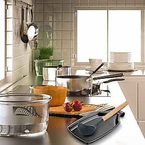 LIANYU Black Spoon Rest for Kitchen Counter, Stainless Steel Spoon Holder for Stove Top, Spatula Spoon Ladle Utensil Holder with Square Bottom, Heavy Duty, Dishwasher Safe