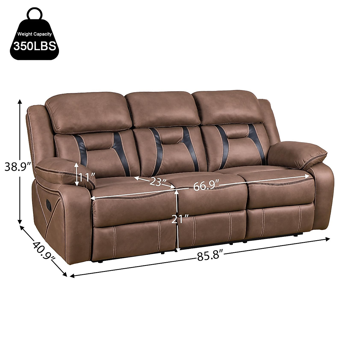 EBELLO Leather Manual Reclining Sofa, 3 Seat Recliner Sofa with Overstuffed Armrest and Headrest, Couch for Living Room, Bedroom Furniture, Meeting Room, Brown (3 Seat Sofa)