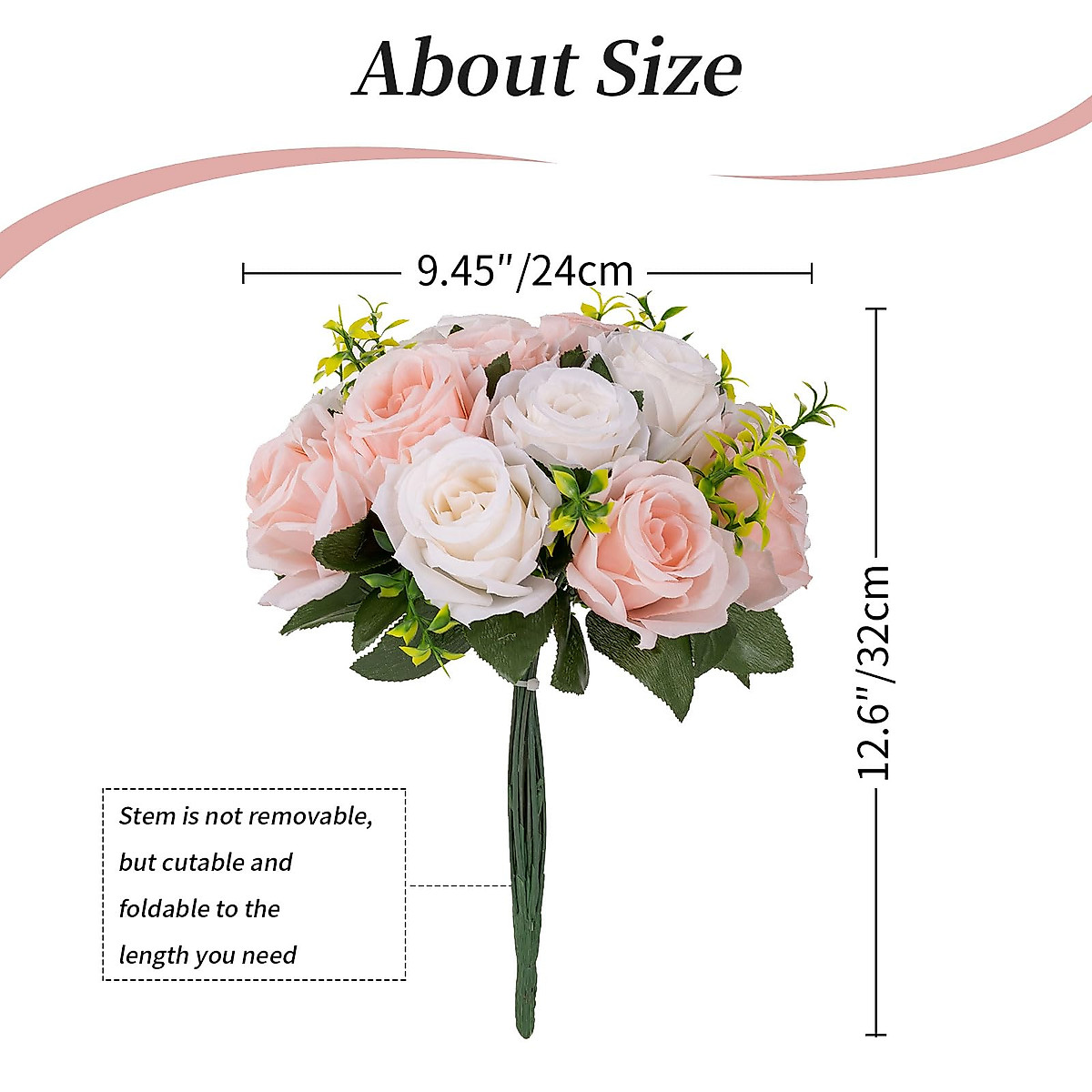BLOSMON Fake Flower Artificial Roses Bouquet 2 Pcs Fake Rose Silk Flowers Wedding Bouquets for Bride, Faux Floral Arrangements for Home Party Vase Table Centerpieces Decor (Blush & Cream White)