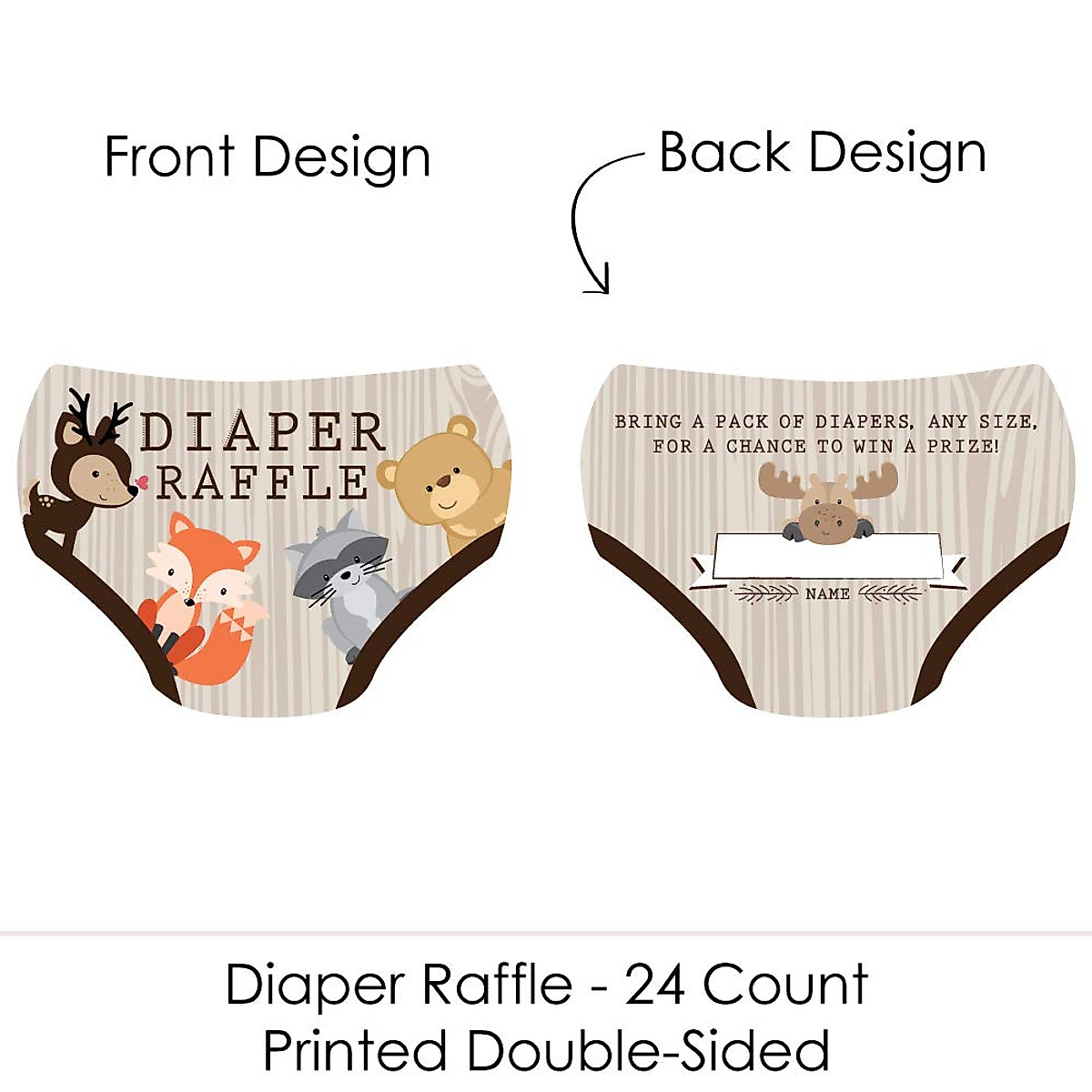 Big Dot of Happiness Woodland Creatures - Diaper Shaped Raffle Ticket Inserts - Baby Shower Activities - Diaper Raffle Game - Set of 24