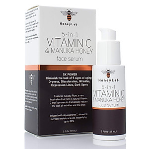 HoneyLab Vitamin C Face Serum with Hyaluronic Acid, Manuka Honey and peptides. Anti-aging serum contains Marine extracts that soften the look of dark spots, wrinkles and fine lines. 2oz bottle.