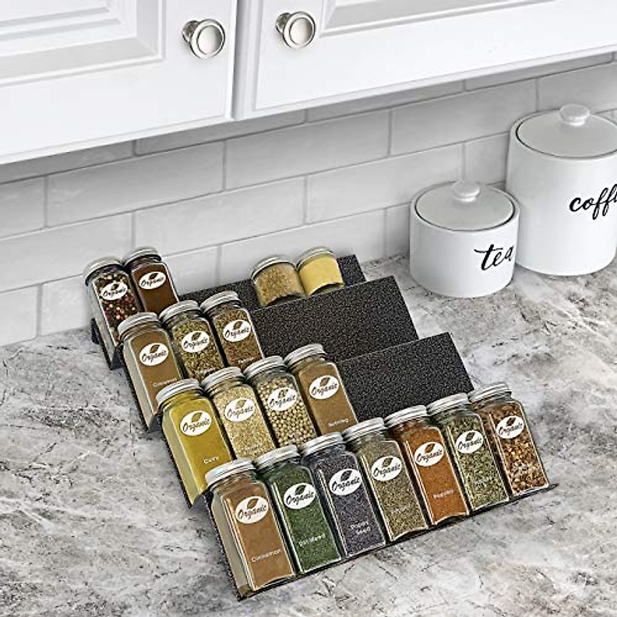 LYNK PROFESSIONAL® Spice Drawer Organizer - Heavy Gauge Steel 4 Tier Spice Rack - Drawer Insert Tray for Spice Jars, Herbs and Seasoning - Kitchen Cabinet Drawer Storage - Silver Metallic, Large