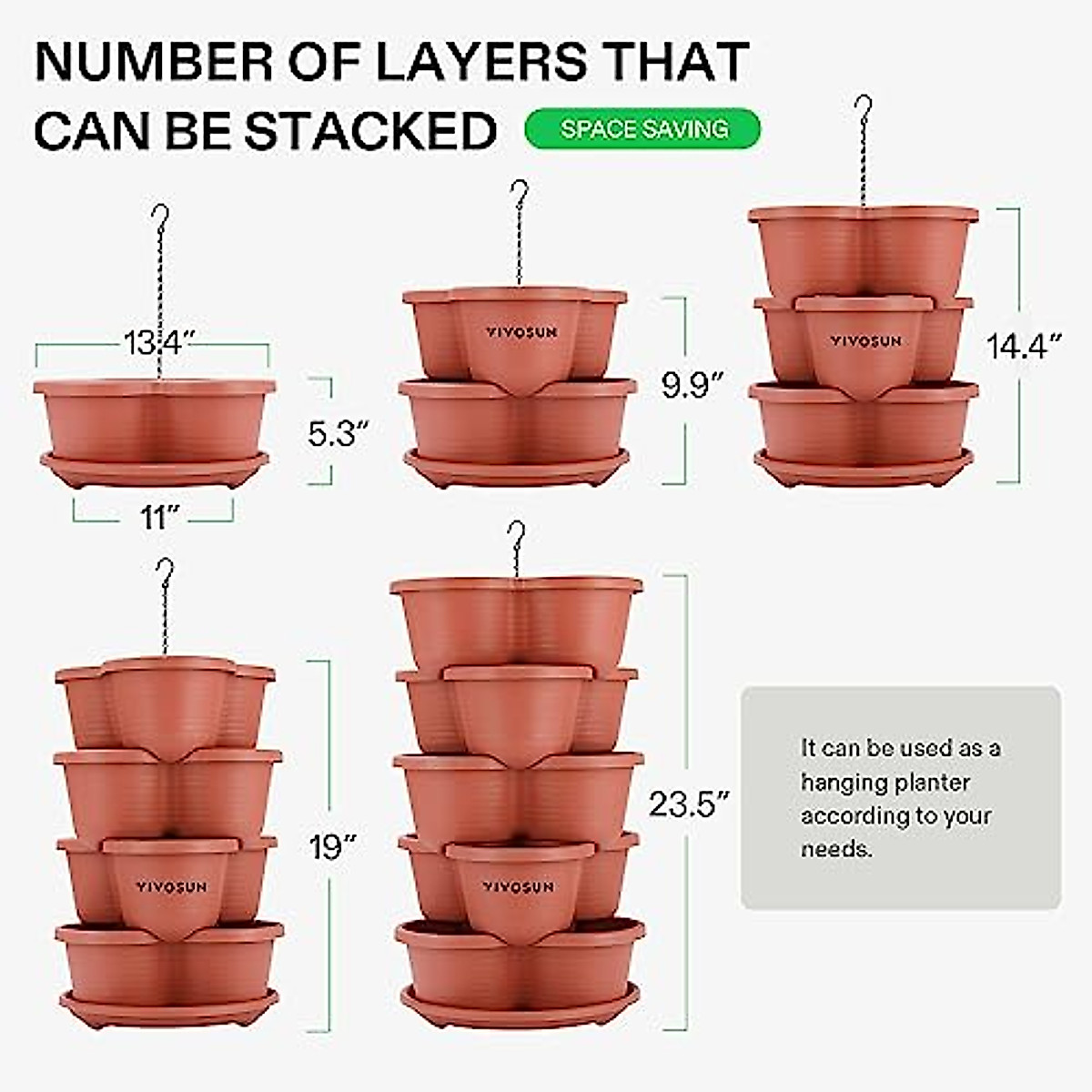 VIVOSUN 5 Tier Vertical Gardening Stackable Planter for Strawberries, Flowers, Herbs, Vegetables Brown