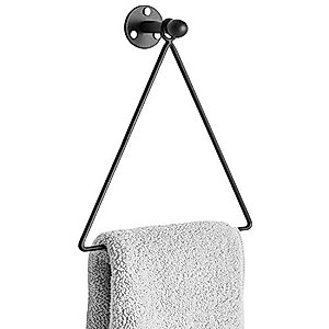 MyGift Wall Mounted Modern Black Metal Triangular Hand Towel Ring Holder for Bathroom with Easy to Hang Mount