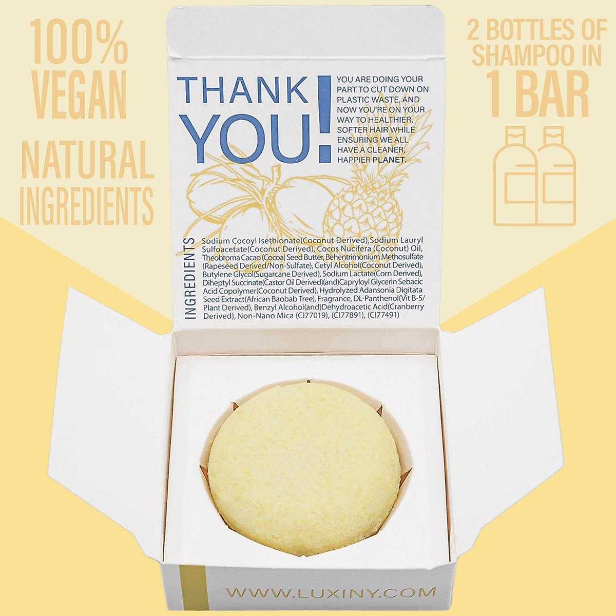 Luxiny Pina Colada Shampoo Bar for Dry Damaged Hair is Vegan, Sulfate free and Made in the USA. Get up to 60 washes at home or great as a travel shampoo.