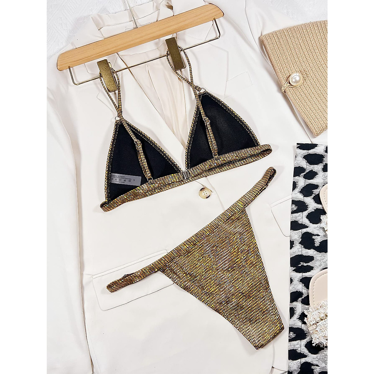 YAUASOPA Women Shiny Bikini Micro Sexy String Two Pieces Swimsuit Female Thong Swimwear (Large,Gold)