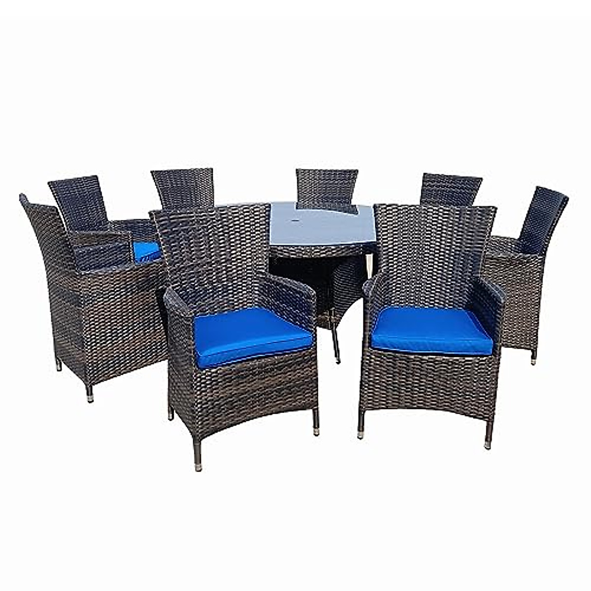 PATIOPTION 9 Piece Patio Set Outdoor Wicker Patio Furniture Sets Modern Bistro Set PE Rattan Chair Conversation Dining Sets (Round Table with 8 Seater) - Blue Cushion
