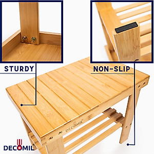 DECOMIL - Bamboo Shower Bench 16”, Foot Rest Shaving Stool with Storage Shelf | Nonslip Feet & Waterproof Bathing Bench | Perfect for Indoor and Outdoor Use
