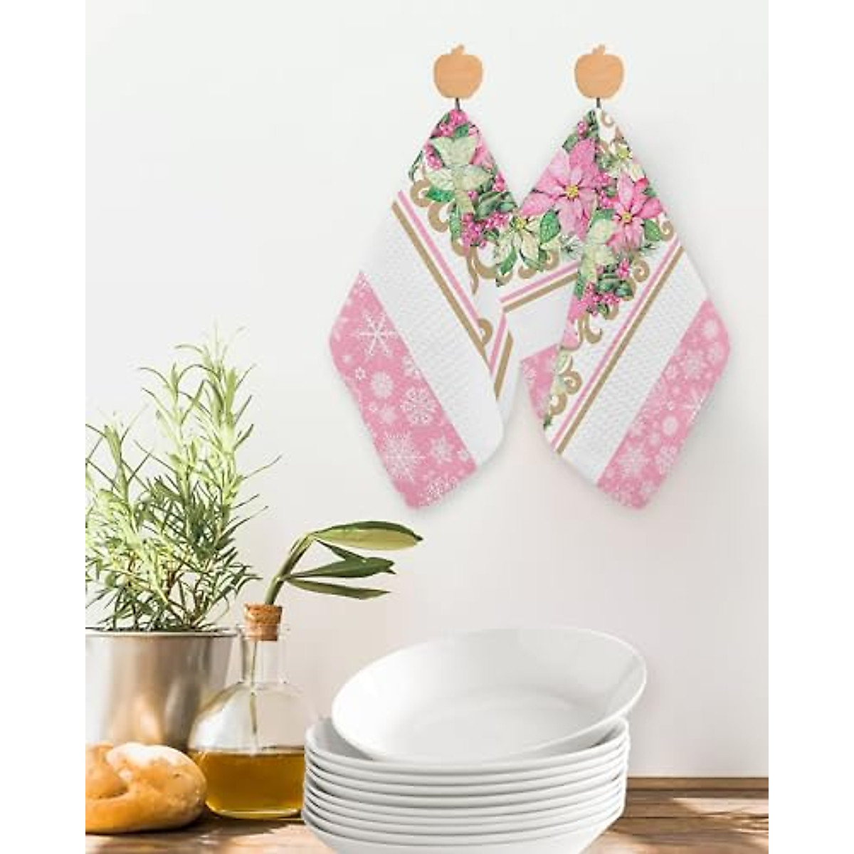 Hokiten Pink Poinsettia Christmas Waffle Kitchen Towels Dishcloths, Xmas Berry Botanical Winter Snowflake Absorbent Dish Towels | Hand Towels for Bathroom/Bar, 12 x 12 Inch, 2 Pcs