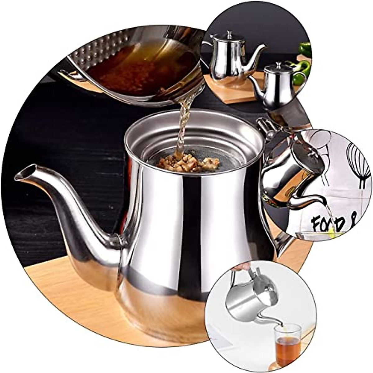 Stainless Steel Oiler with Strainer, Bacon Grease Container with Strainer and Spout, Reusable Stainless Steel Oiler for Bacon Grease, 304 Stainless Steel Oil Strainer Pot for Kitchen (24 oz)