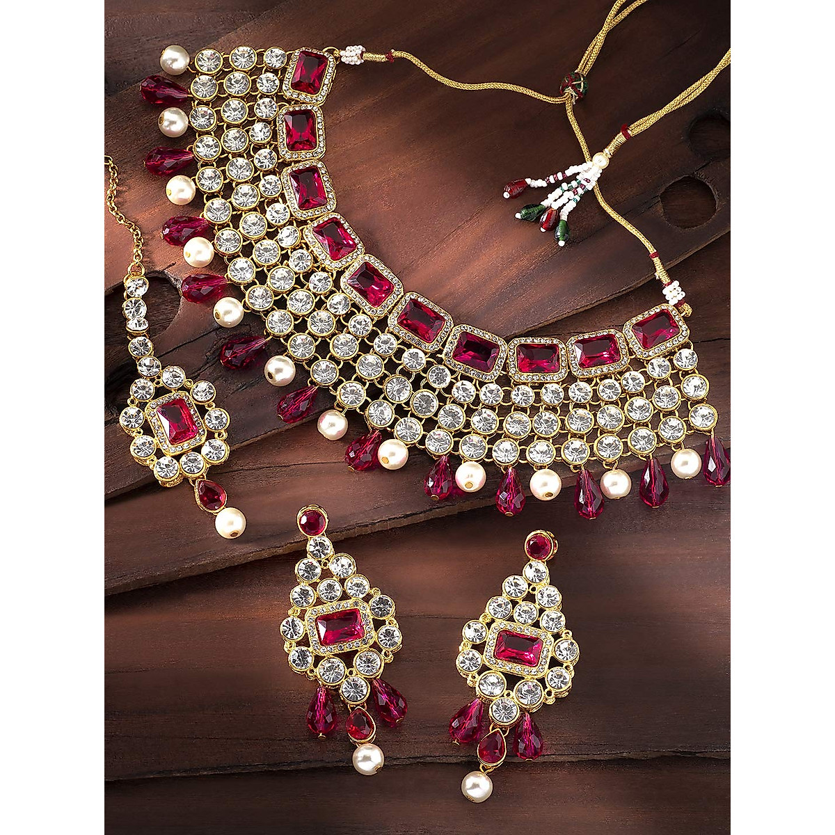 Aheli Kundan and Simulated Colored Stones Indian Ethnic Maang Tikka Necklace and Earrings Set Bollywood Festive Statement Jewelry for Women Girls