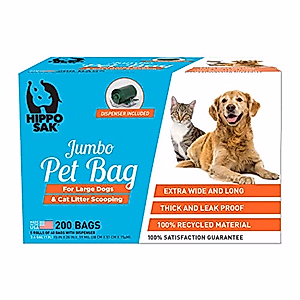 Hippo Sak® Extra Large Pet Poop Bags with Dispenser, 200 Count, for Large Dogs and Cat Litter Scooping (200)