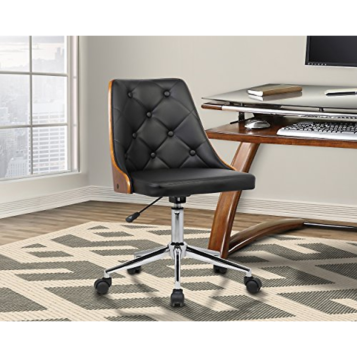 Armen Living Diamond Office Chair in Black Faux Leather and Chrome Finish