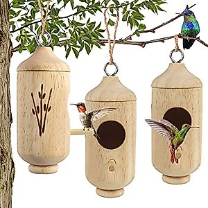 Hummingbird House for Outside Hanging for Nesting,Wooden Humming Bird Nest 3 Pcs with Hemp Ropes (Type B)