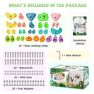 TOPNEW 32 Rock Climbing Holds Multi Size for Kids, Adult Rock Wall Holds Climbing Rock Wall Grips for Indoor and Outdoor Playground Play Set