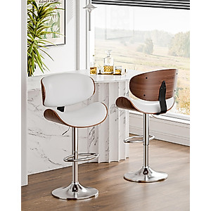 Aowos Bar Stools Set of 2, Adjustable Swivel Leather Bar Stools for Kitchen Island, Mid Century Modern Counter Height Bar Chairs Barstools with Back & Footrest (White)