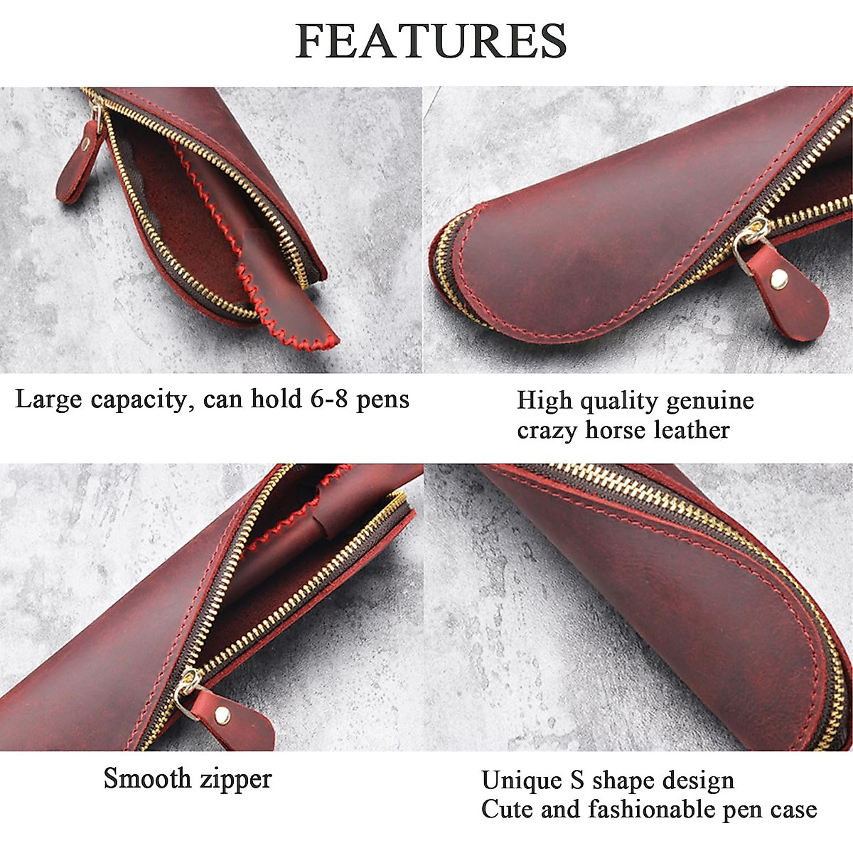 PTGMH Leather Pencil Case Crazy Horse Leather Zipper Pencil Pouch S Shape Pen Holder and Organizer Pencil Bag Leather Pen Case for Office