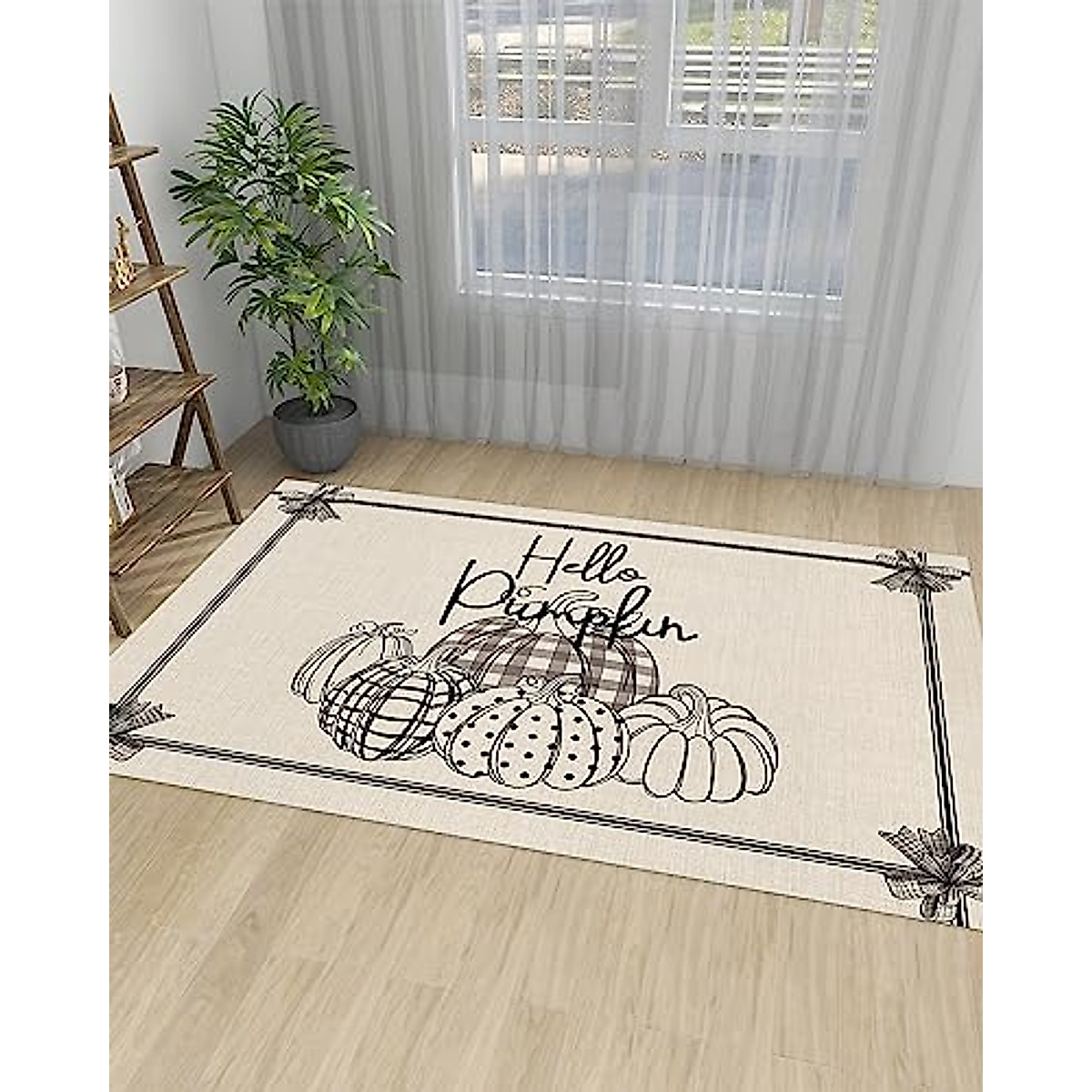 Thanksgiving Fall Large Rectangular Area Rugs 5' x 7' Living Room, Boho Polka Dot Pumpkin Black Gingham Durable Non Slip Rug Carpet Floor Mat for Bedroom Bedside Outdoor