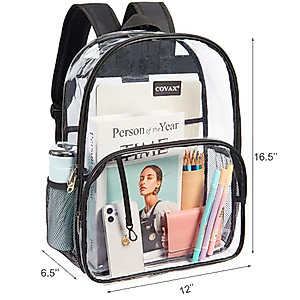 COVAX Clear Backpack, See Through Clear Bookbags, Water-resistant PVC Transparent Backpack for School, Work, Security, Sporting Events