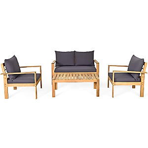 COSTWAY 4 Pieces Outdoor Acacia Wood Sofa Set, Outdoor Conversation Sofa Set with Table & Cushions Porch Chairs for Garden, Patio, Deck