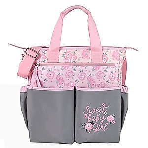 Crossbody Floral Pink Diaper Bag Tote with Changing Station for Baby Girl, 3 Piece Diaper Bag Set (Flowers)