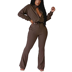 Bluewolfsea Tracksuit for Women Set - Two Piece Outfits Casual Long Sleeve Zip Top Sweatshirt + Bell Bottoms Jogging Sets XX-Large Brown