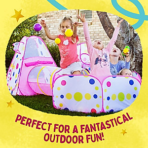 Playz 3pc Kids Play Tent Crawl Tunnel and Ball Pit Pop Up Playhouse Tent with Basketball Hoop for Girls, Boys, Babies, and Toddlers for Indoor and Outdoor Use with Pink Carrying Case