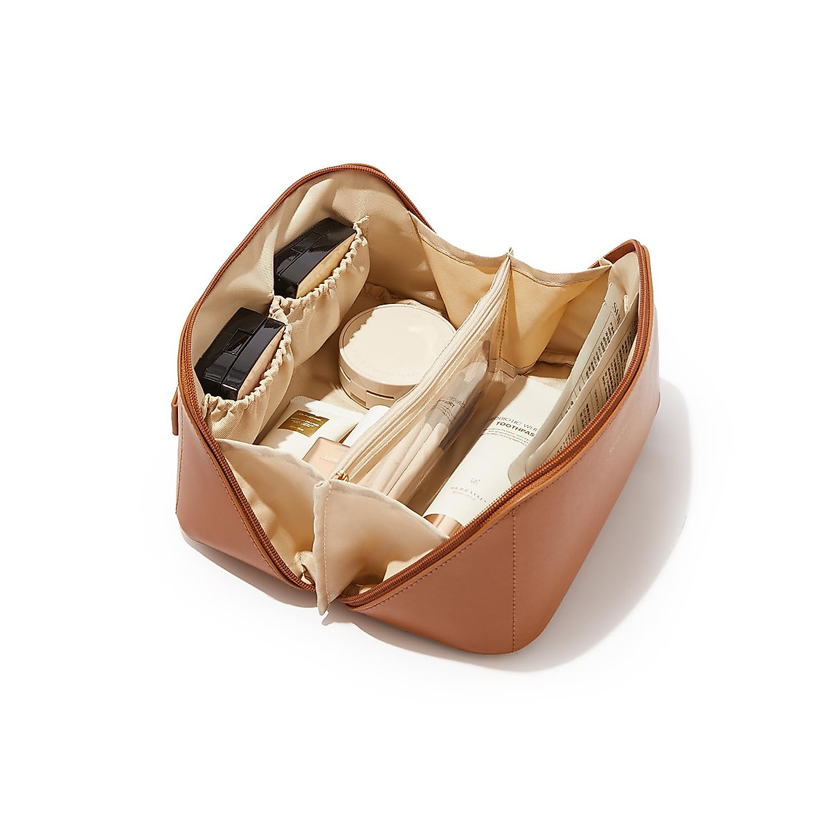 EACHY Travel Makeup Bag,Large Capacity Cosmetic Bags for Women,Waterproof Portable Pouch Open Flat Toiletry Bag Make up Bag with Divider and Handle (Brown, Medium)