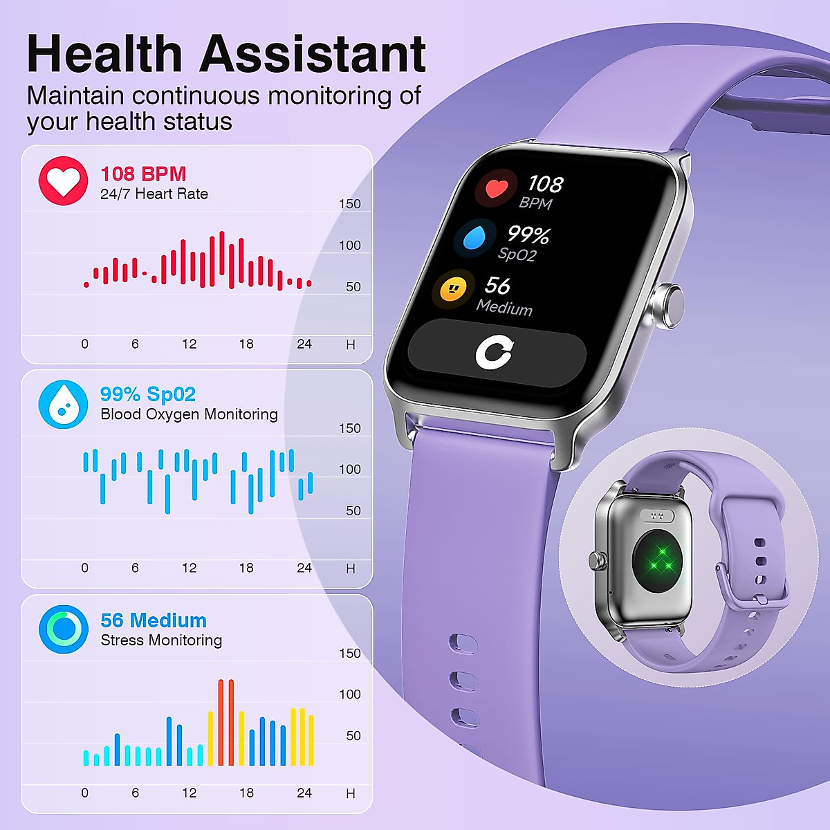 Quican Smart Watches for Women, iOS Android Phones Compatible, Waterproof Fitness Tracker Smartwatches with Call, Alexa Voice, Heart Rate Monitoring, Sleep Tracking, 1.8 Inches (Wisteria)