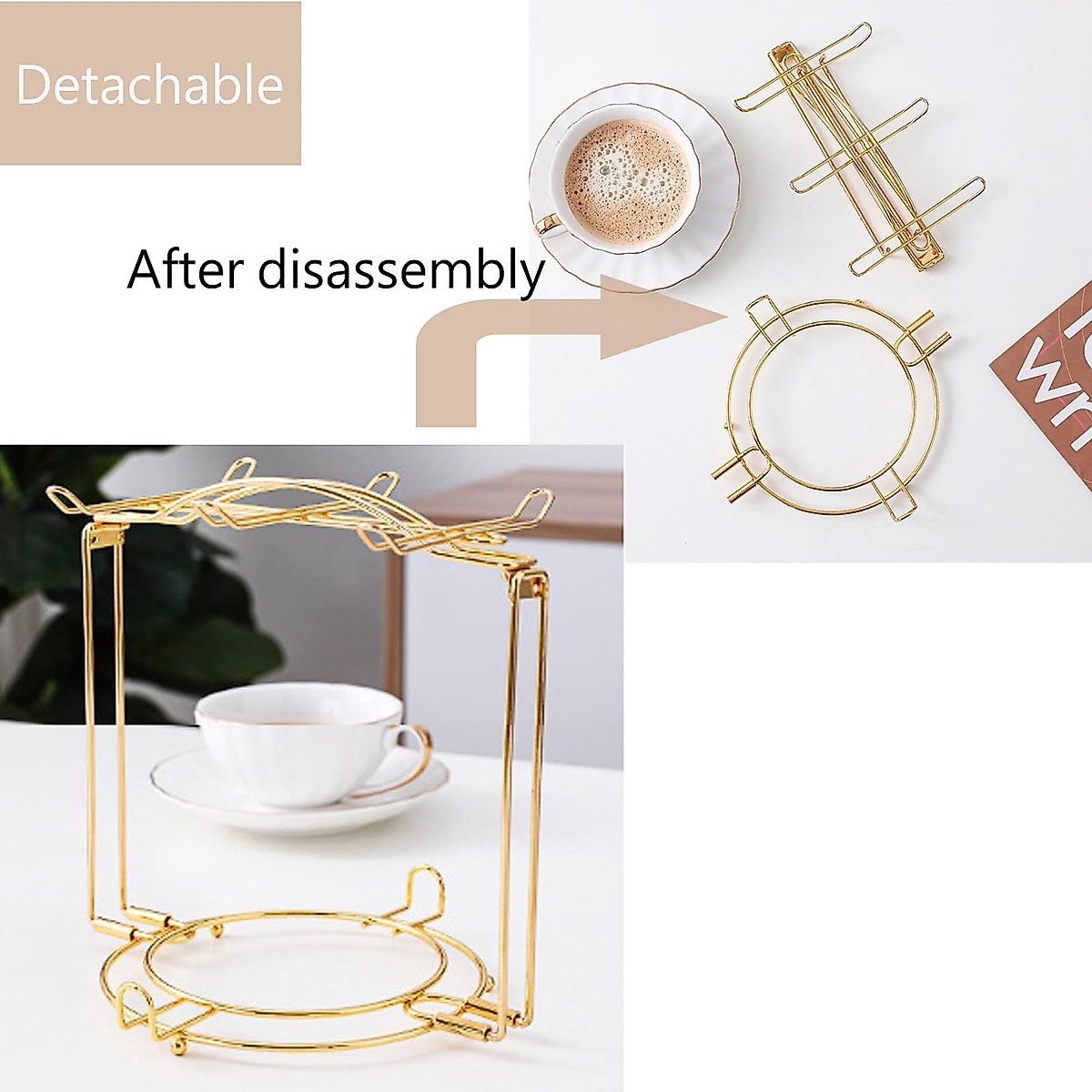 SJORHNUS Tea Cups Holder,Gold Metal Coffee Cup Tea Cups Rack,Foldable Organizer for Coffee Cup Spoon and Saucers