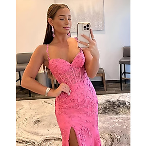 Lace Applique Mermaid Prom Dresses for Women 2024 Tulle Formal Evening Gowns for Women with Slit Long Elegant Evening Dresses Wisteria 8