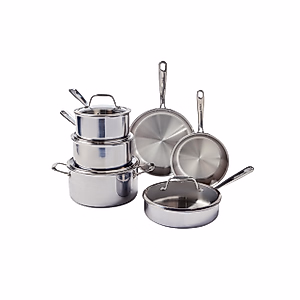 T-fal Pro Tri-Ply Stainless Steel Cookware Set 10 Piece, Induction Compatible Oven Safe 500F, Lids 350F, Fast & Even Heat, Professional Quality & Durability, Pots and Pans Set, Dishwasher Safe, Silver