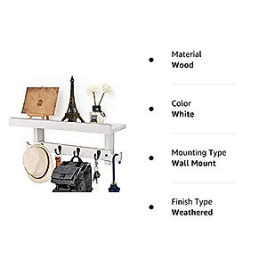 Emfogo Coat Rack Wall Mount 16.9" Key Holder Wall Mount with 6 Coat Hooks Rustic Wall Coat Rack with Hooks for Entryway, Bathroom, Living Room White