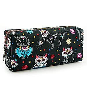 LParkin Day of the Dead Cats Pencil Case Gadget Box Dia de los Muertos Bag Sugar Skull Cats Bag Toiletry Zip Pouch Rockabilly Bag Makeup Cosmetic Stationary