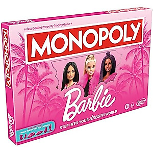 Monopoly: Barbie Edition Board Game, Ages 8+, 2-6 Players, Fun Family Games for Kids and Adults, with 6 Barbie-Themed Pink Zinc Tokens, Kids Gifts