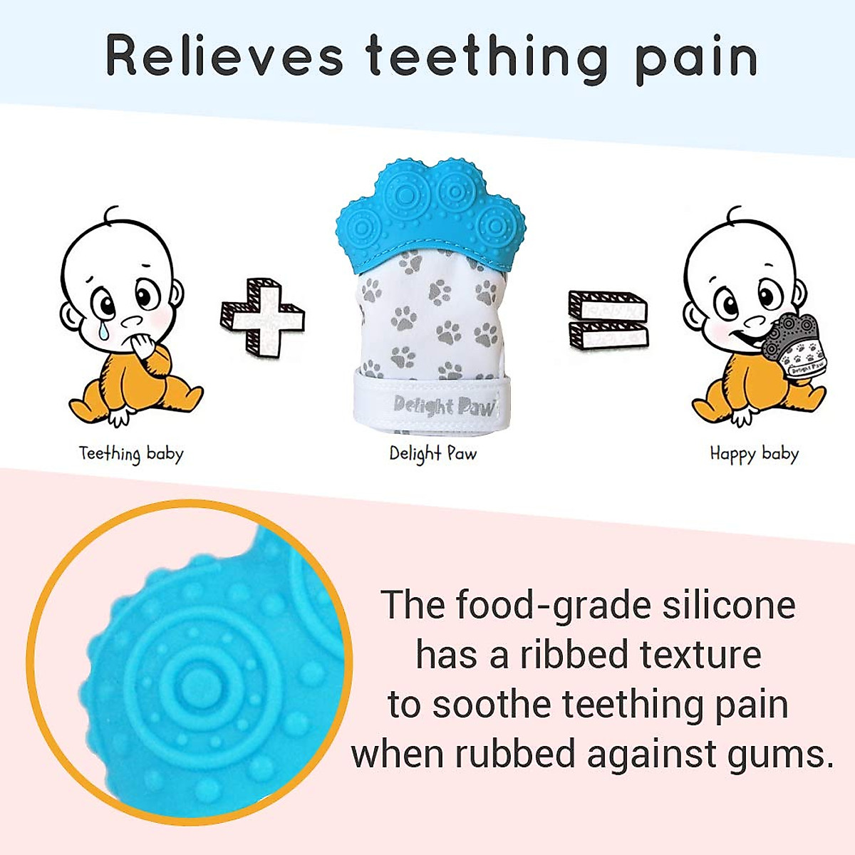 Delight Paw Baby Teething Mitten Mom Designed | Self Soothing Pain Relief | Hygienic Travel Bag | No BPA | Baby Boy Baby Girl | Babies Over 3 Months | Bubbly Blue | 2 Pack