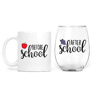 Before School After School Teacher Mug and Teacher Wine Glass Set – Funny Principal Gifts – Coffee Mug and Stemless Wine Glass for Teacher Appreciation and Professor – Because Students