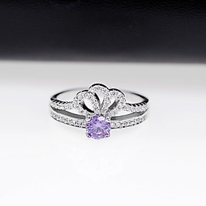 Uloveido Women's Princess Queen Crown Tiara Rings White Gold Plated Round Multi Cubic Zirconia Tiny Clear CZ Promise Ring (Purple, Size 7) Y2735