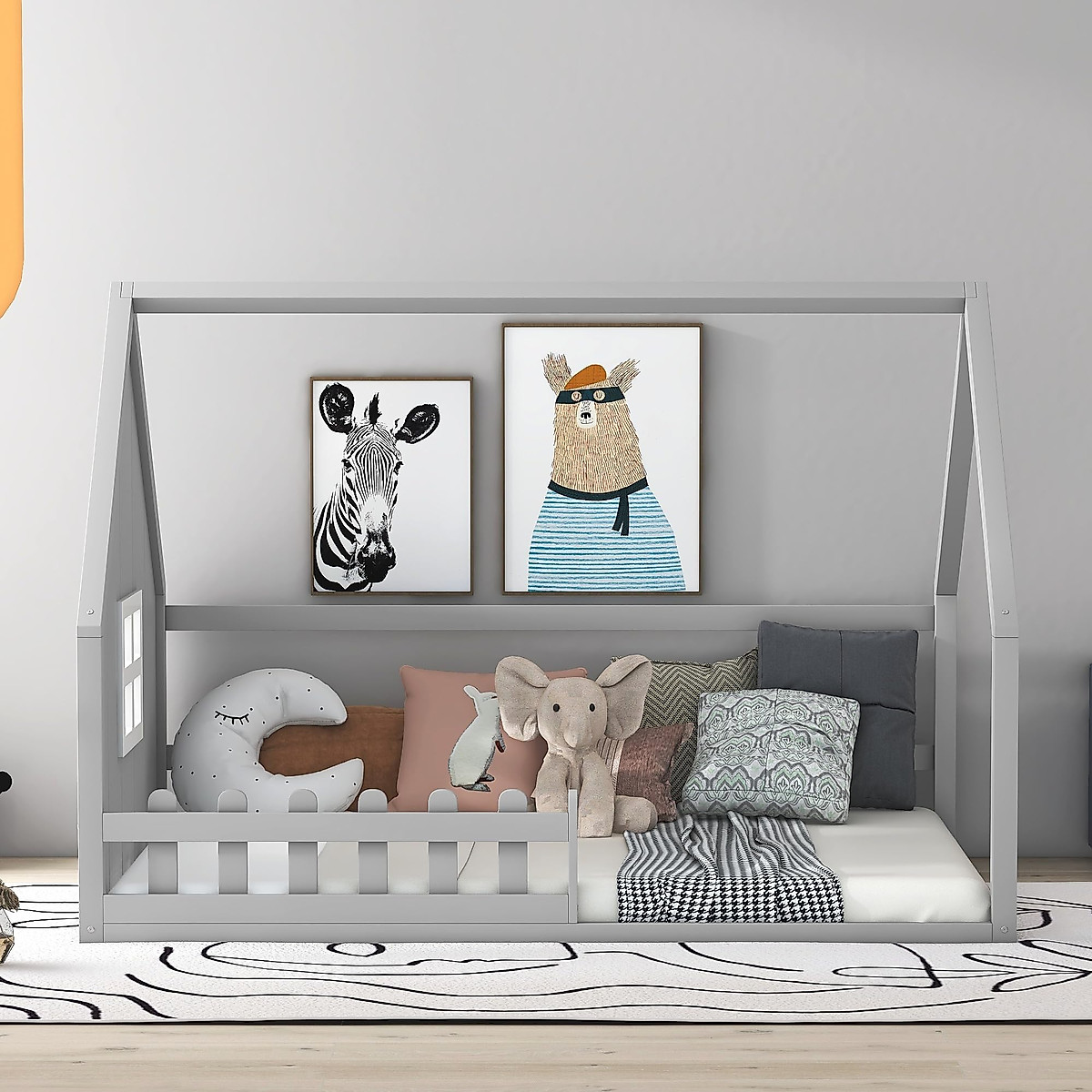 MERITLINE House Bed for Kids Full Montessori Floor Bed Wood Frame with Rails and Window, No Box Spring Needed, for Kids Teens Girls Boys (Full Size, Gray)