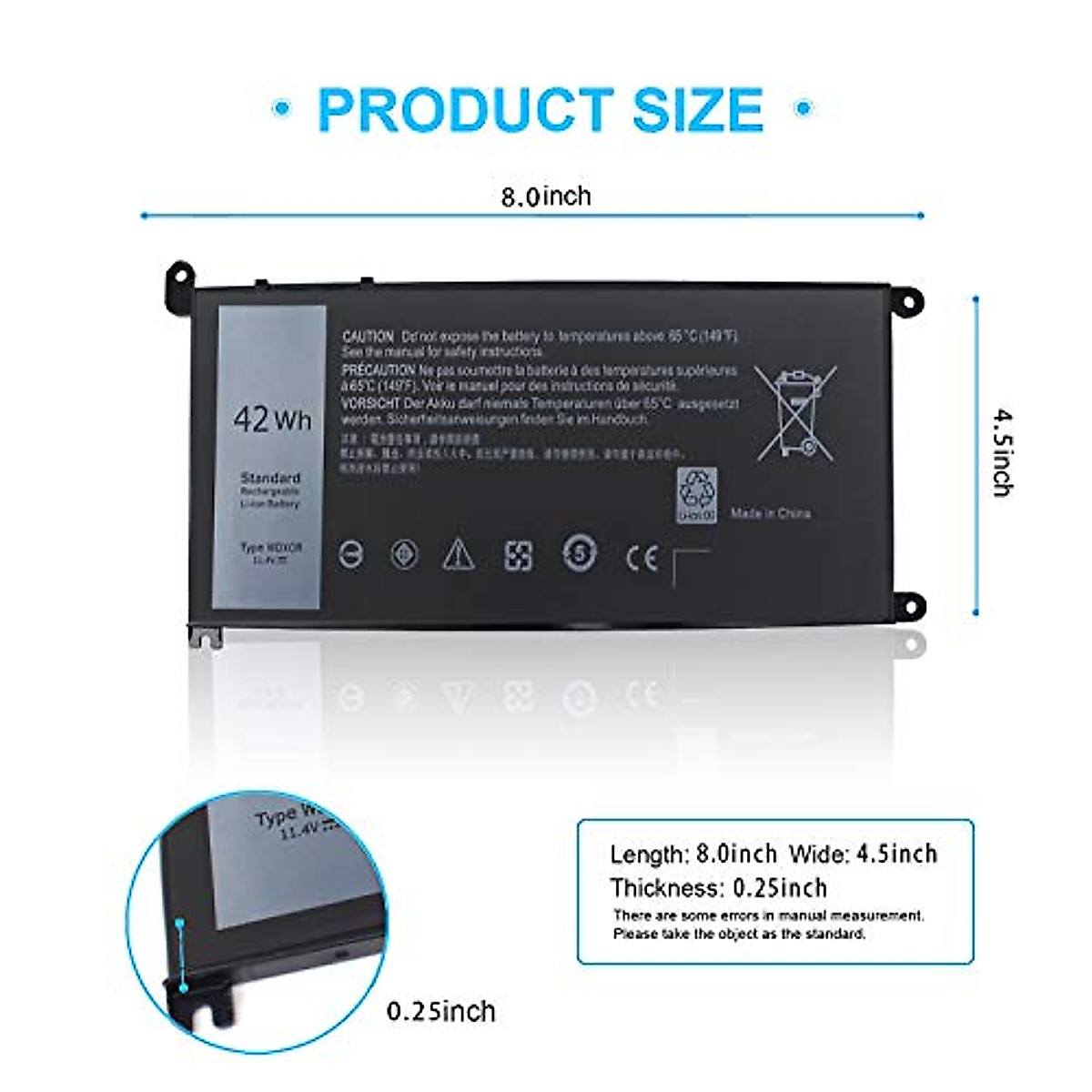42WH WDX0R Battery for Dell Inspiron 15 5000 7000 Series 15 7579 7573 7560 7569 7570 5565 5567 5568 5570 5578 5579 7586 13 7368 7378 5368 5378 5379 17 5765 5767 5775 Latitude 3189 3580 P66F P58F P32E