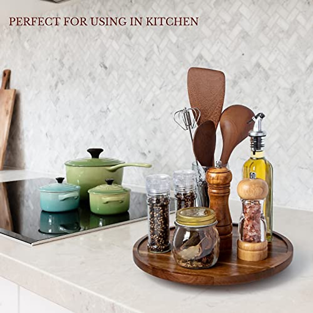 ANBOXIT Lazy Susan Organizer for Table, 12 Inch Wooden Lazy Susan Turntable for Cabinet, Acacia Wood Turntable Kitchen Spice Rack (1 Pack)