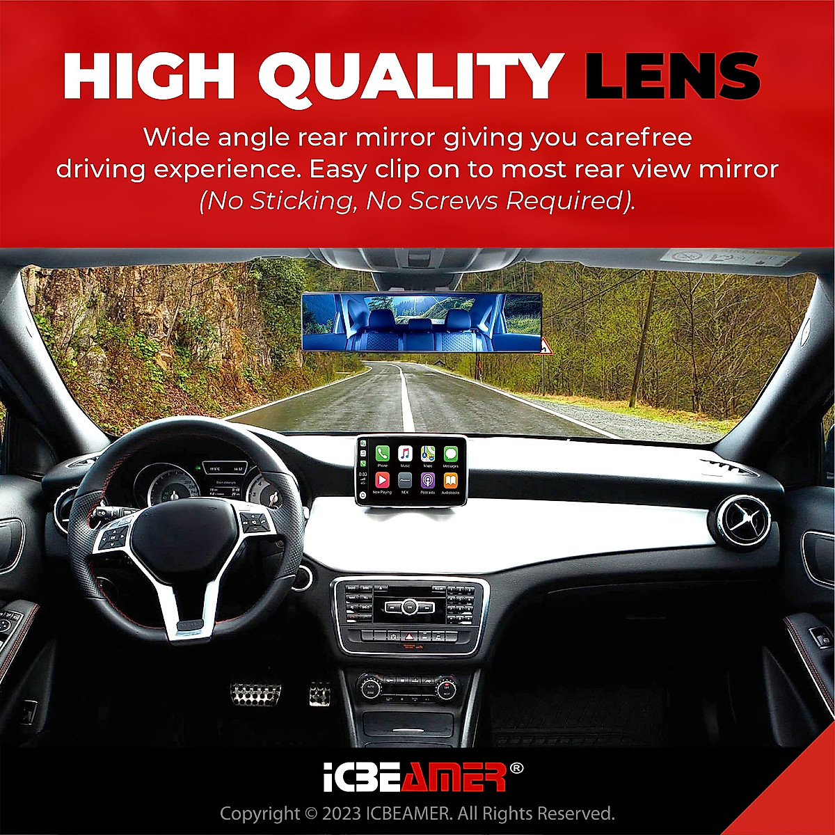 ICBEAMER 9.4" Car Rear View Mirror, HD Blue Tint, Panoramic Wide Angle Convex Surface, 2 Interior Retractable Rubber Clips, Anti Glare, Automotive Accessories Universal for Truck, Car, SUV, 1 Pack