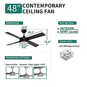 YITAHOME Black Ceiling Fans with Light and Remote, Dimmable Fanlight for Indoor Outdoor, Light Fan with Stepless Color Temperature, Night Light Mode, 48 Inch