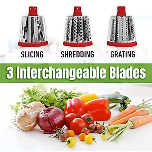 Rotary Cheese Grater with Handle, Cheese Grater Hand Crank, Fast Cutting Grater for Kitchen with 3 Interchangeable Blades, Vegetable Slicer, Cheese Shredder with Suction Cup Base, Dishwasher Safe