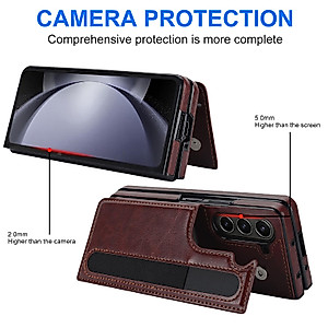 XIMAND for Samsung Galaxy Z Fold 5 Wallet Case with Credit Card Holder and S-Pen Holder,Fold Premium Leather Magnetic Clasp Kickstand Heavy Duty Protective Cover.(Brown)