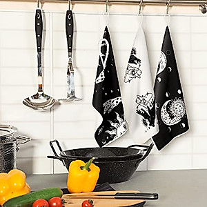 Bencailor 6 Pcs Skull Kitchen Towels Teal Turquoise Dish Hand Towels Farmhouse Cow Cat Gothic Witchy Moon Tea Washcloth for Spring Summer Kitchen Decor Home 24 x 16''(White Black,Witchy)