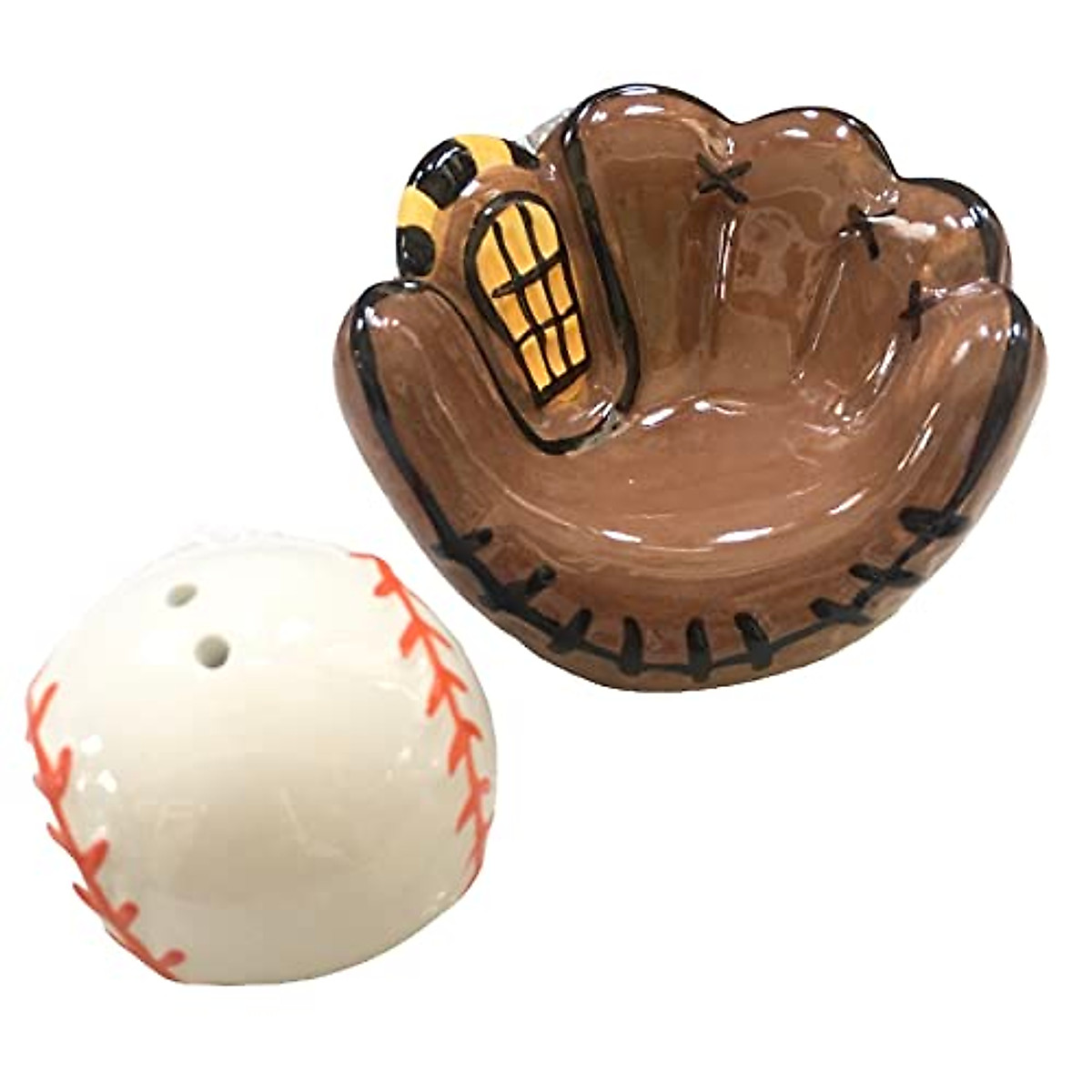 Baseball Glove & Base Ball with Stitching {Real Look} Salt and Pepper Shakers, Catchers Mit 3-1/4" Premium Quality Glazed Ceramic
