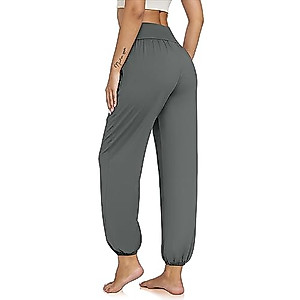 UEU Women's Harem Crossover High Waisted Flowy Pants Yoga Joggers with Pockets Lounge Pajamas Casual Loose Sweatpants MidGray XL