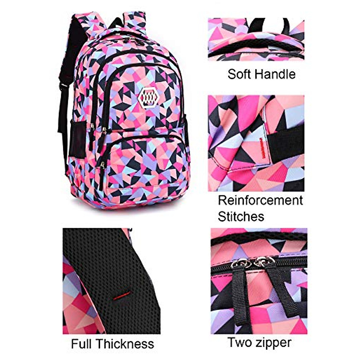 JiaYou Girl Geometric Printed Primary Junior High University School Bag Bookbag Backpack(2# Black,19 L)