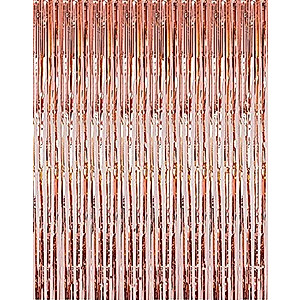 2 Pcs 3.2ft x 8.2ft Shiny Rose Gold Metallic Tinsel Foil Fringe Curtains Photo Booth Backdrop for Birthday Wedding Holiday Celebration Bachelorette Party Decorations (Rose Gold)